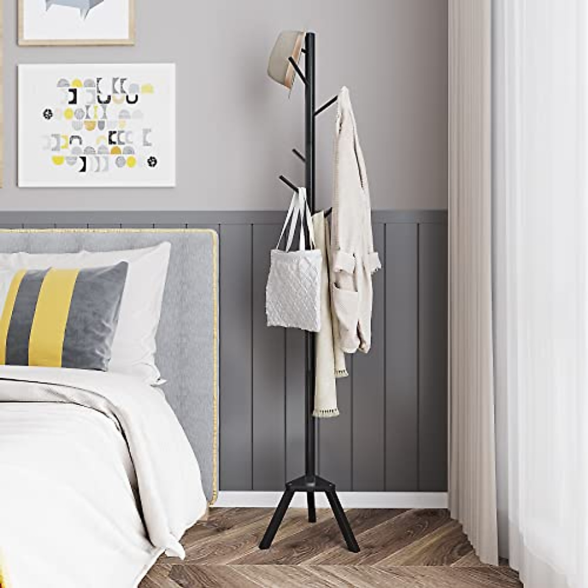 Sywhitta Coat Rack Stand, Premium Bamboo Free Standing Coat Rack with 6 Hooks, Easy Installation Clothes Hanger Stand, Black