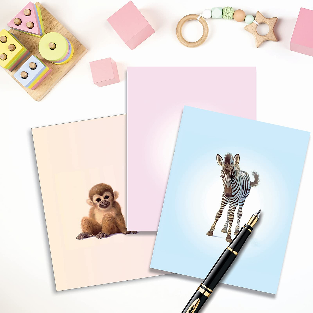 The Best Card Company 20 Assorted Baby Notecards Box Set 4 x 5.12 Inch with Envelopes (10 Designs, 2 Each) Zoo Babies AM6726BBG-B2x10