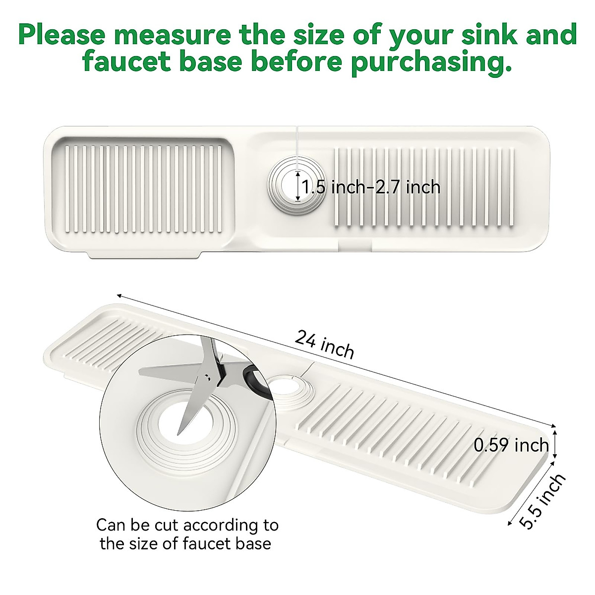 Kitchen Sink Splash Guard Behind Faucet 24 x 5.5 Inch, Toovem Faucet Handle Drip Catcher Tray, Longer Silicone Sink Faucet Mat, Dish Soap Sponge Holder for Bathroom, Farmhouse, Bar, Rv,Beige White
