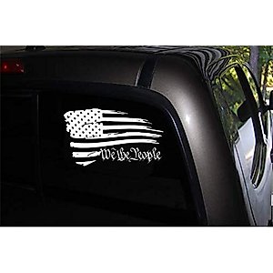 US Flag Tattered We The People (W) Auto Oval Vinyl Decal Sticker for Car Truck Van Window (5.9” x 3.1") (White)