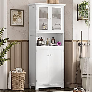 Tiptiper Tall Bathroom Storage Cabinet, Large Floor Cabinet with Open Compartments and 2 Cabinets with Doors, 64” Height Freestanding Linen Tower Cabinet, for Home Kitchen, Living Room, White