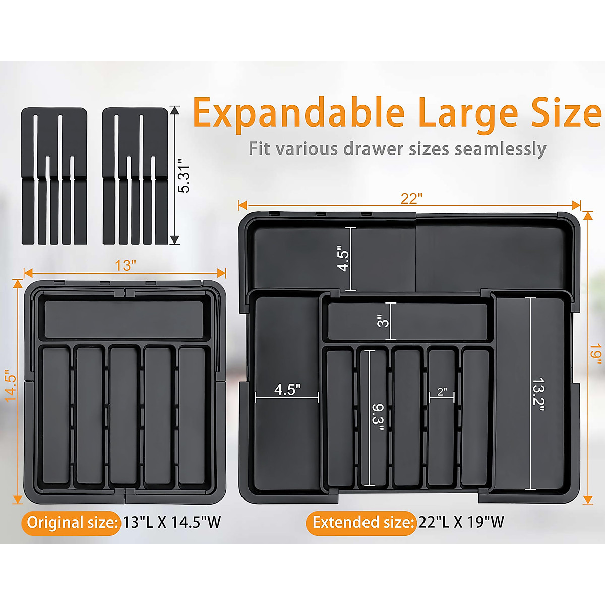 Homecor Silverware Organizer - Expandable Large Kitchen Drawer Organizer Utensil Organizer with 2 Removable Knife Blocks, 22"x 19"Cutlery Tray Drawer Dividers for Kitchen Flatware(6-9 Slots) (Black)