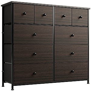 REAHOME 10 Drawer Dresser for Bedroom Faux Leather Chest of Drawers Fabric Dresser with Wooden Top Storage Organizer Unit for Living Room Hallway Entryway Closets (Rustic Brown)