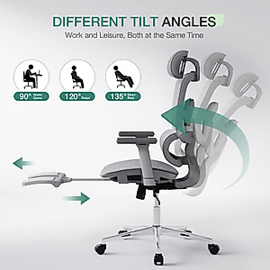 Novilla Ergonomic Office Chair, Adjustable Headrest with 3D Armrest, Office Chair with Adjustable Lumbar Support, Retractable Footrest, Mesh Office Chair High Back Gaming Chair, Grey