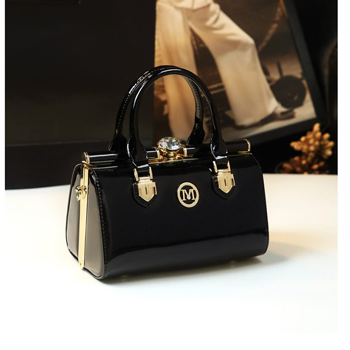 Shirt Luv Genuine Leather Women's Top Handle Satchel Crossbody Handbags Evening Bag Purses Small Hard Shoulder Bags (Black)