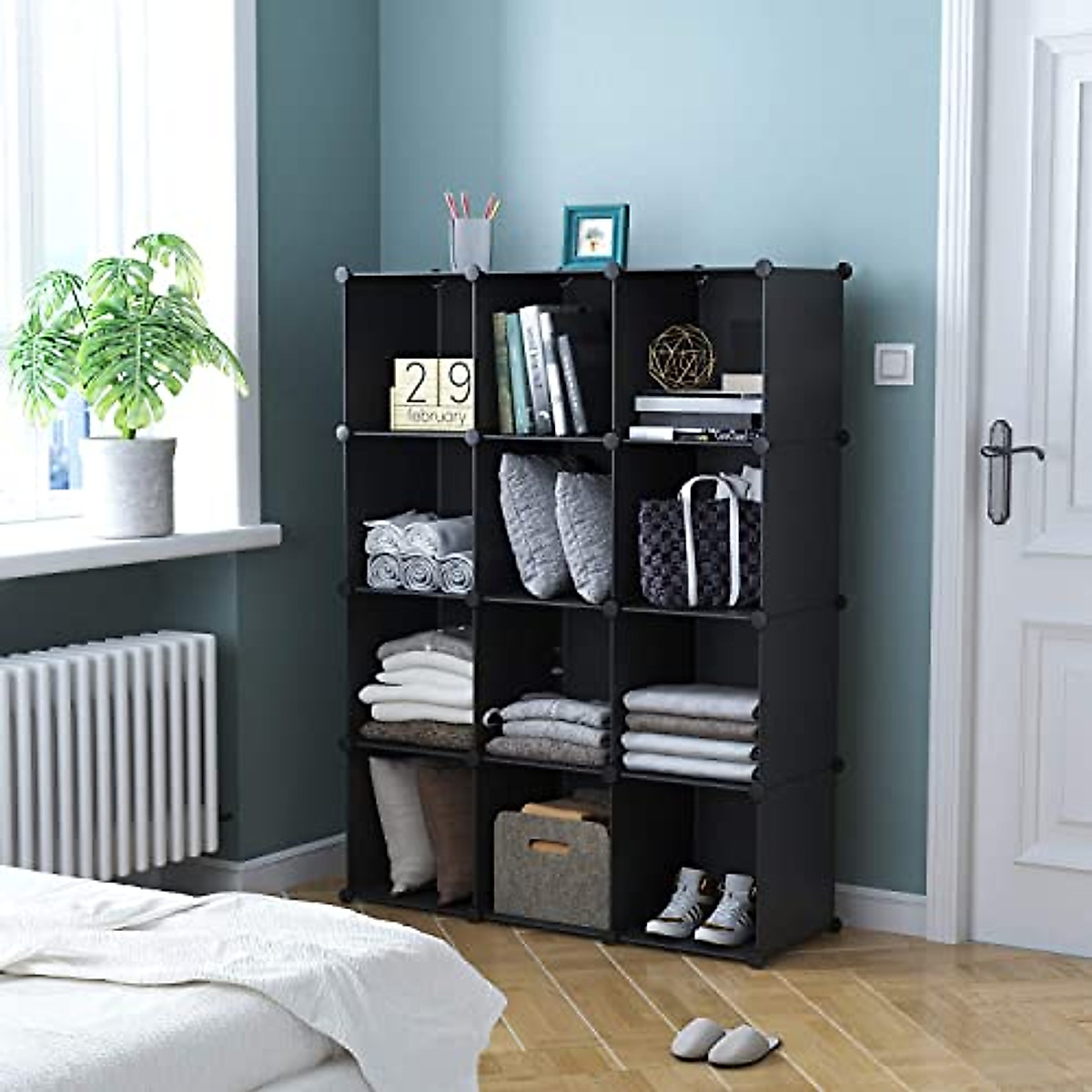 C&AHOME Cube Storage Organizer, 12-Cube Shelves Units, Closet Cabinet, DIY Plastic Modular Book Shelf, Ideal for Bedroom, Living Room, Office, 36.6" L x 12.4" W x 48.4" H Black SHS3012B