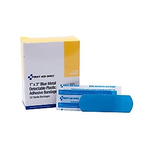 First Aid Only 1-658 Plastic Bandages, Blue Metal Detectable Bandages, 1 x 3 Inch, 50 Count