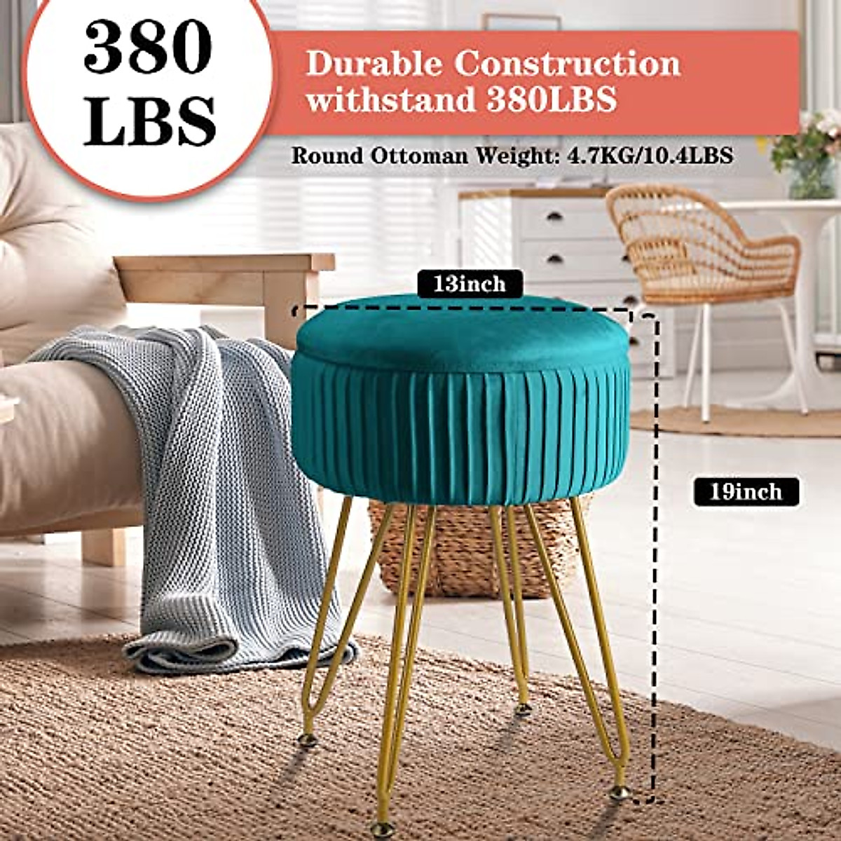 ECOMEX Velvet Round Storage Ottoman with Metal Legs, Removable Tray Cover, Upholstered Pleated Round Ottoman with Storage Round Footstool Makeup Vanity Stool for Home Living Room Bedroom, Teal