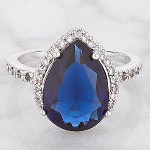 Kate Bissett Genuine Rhodium Plated Sapphire Blue Ring with Pear Shape Sapphire Blue Cubic Zirconia Size 7
