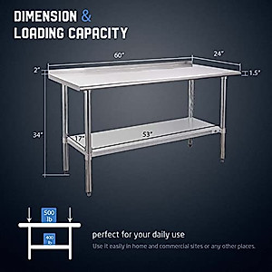 Profeeshaw Stainless Steel Prep Table with Double Overshelf NSF Commercial Work Table with Backsplash and Undershelf for Kitchen Restaurant 24×60 Inch