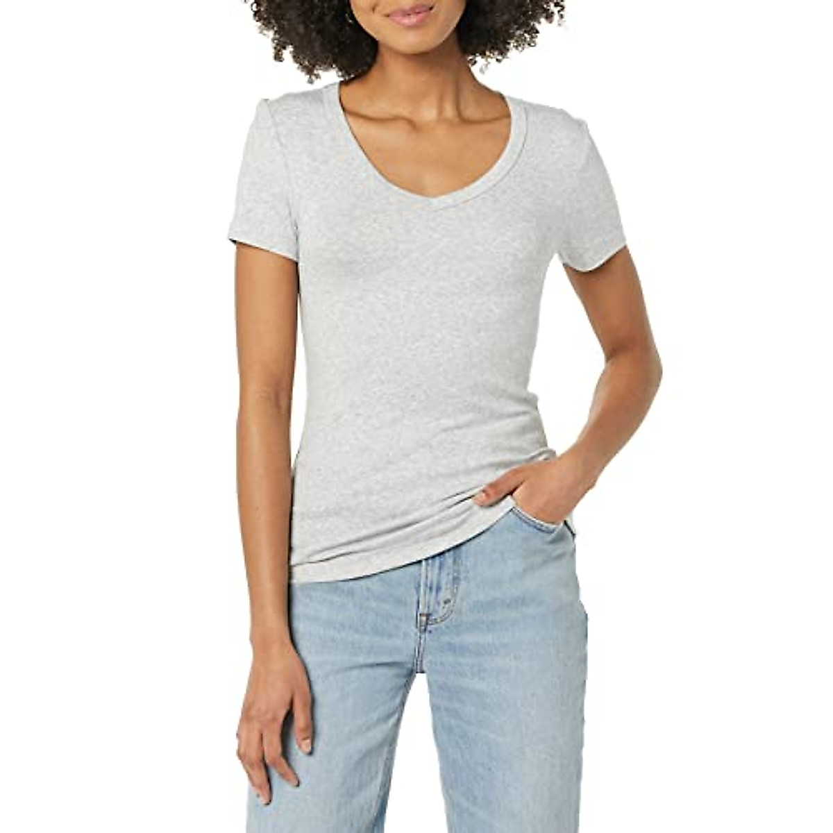 Amazon Essentials Women's Slim-Fit Short-Sleeve V-Neck T-Shirt, Pack of 2, White/Light Grey Heather, Large