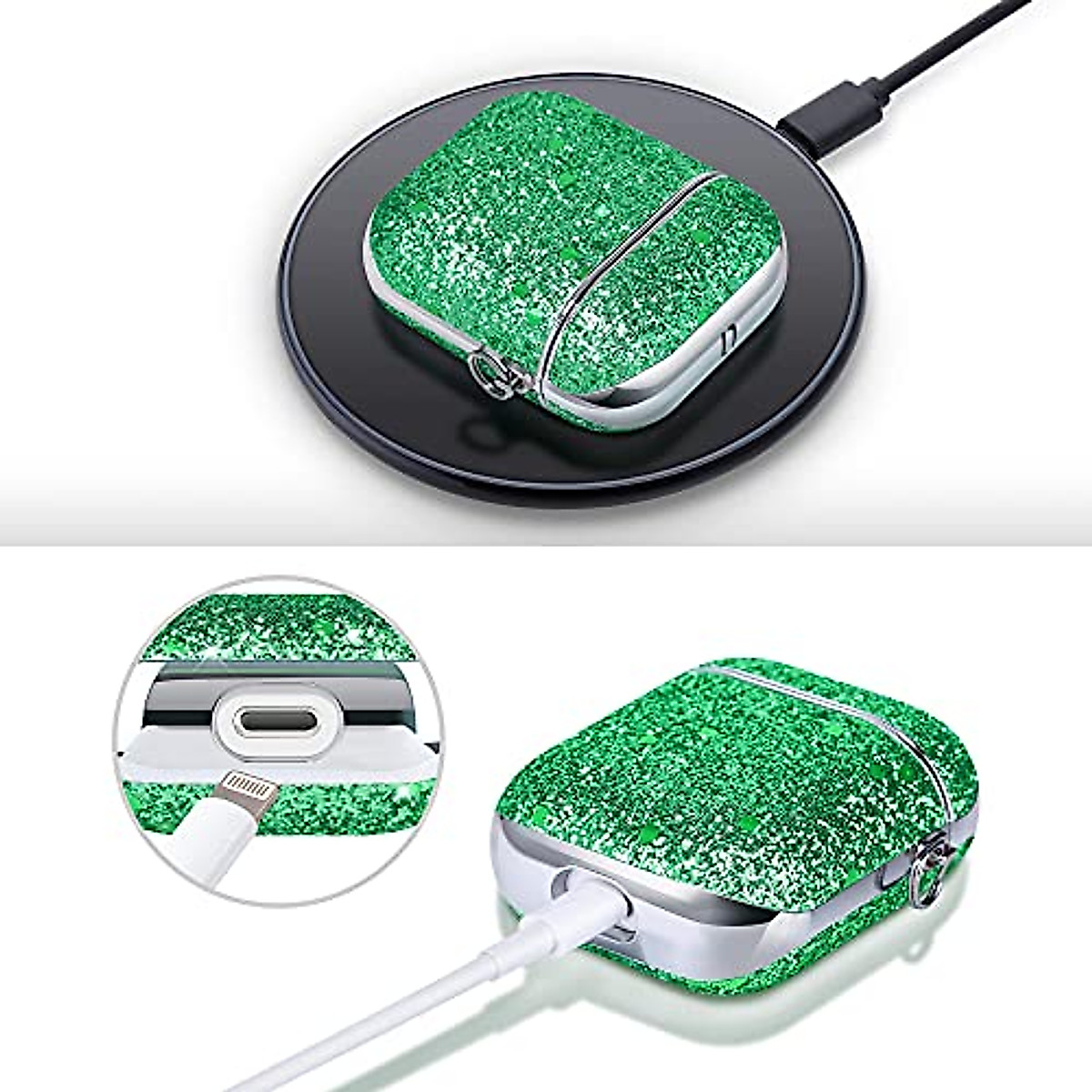 Imguardz AirPods Case for Women Girls, Luxury Bling Case for AirPods 2nd Generation, Glittery Leather Hard Protective Cover with Keychain Compatible with Apple AirPods 2 & 1 (Front LED Visible), Green