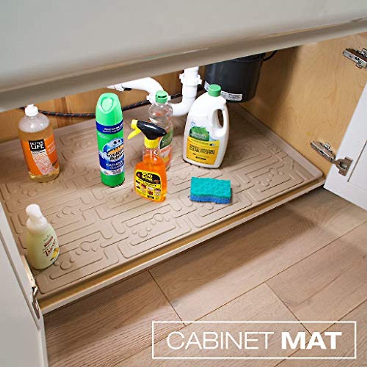 Xtreme Mats - Waterproof Under Sink Mat for Kitchen, Pick Your Size - 34" 1/4 x 22 1/4 - Kitchen Cabinet Shelf Protector, Flexible Under Kitchen Sink Drip Tray Liner - CM-36-BEIGE