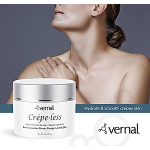 Vernal Crepe-less crepey skin firming cream to reduce crepey arms, neck & hands. Organic tightening cream to reduce thin wrinkled skin on arms, neck and body. Made in USA (4 Oz)