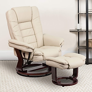EMMA + OLIVER Multi-Position Stitched Recliner & Ottoman with Swivel Base in Beige LeatherSoft