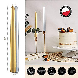 SPAAS Gold Taper Candles, Set of 4 | 9" Tall Unscented Metallic Taper Candles - 8 Hour Long Burning | Individually Wrapped, Unscented Taper Candles for Home D�cor, Wedding, Holiday, and Parties