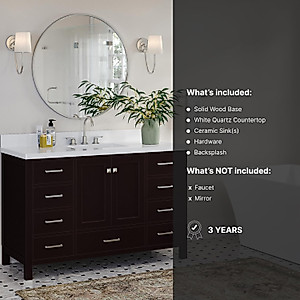 ARIEL 55" Espresso Bathroom Vanity with 1.5" Edge Pure White Quartz Countertop & Backsplash, Center Rectangular Sink, 2 Soft Closing Doors, 9 Full Extension Dovetail Drawers, Satin Brass