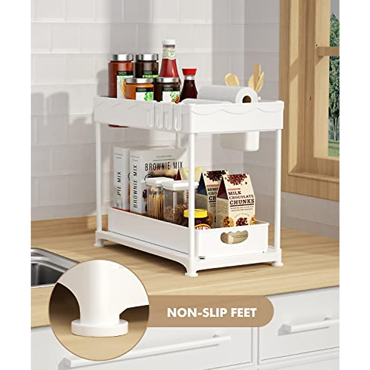 MERRYBOX 2 Pack Under Sink Organizers and Storage, Sliding Under Bathroom Cabinet Organizer, 2 Tier Kitchen Under Sink Organizer Pull Out Drawer with 8 Hooks, 2 Hanging Cups, 8 Non-Slip Feet, White