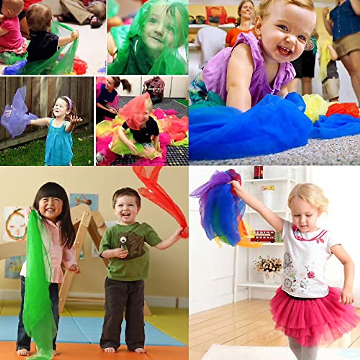 Lolakee Dance Scarves for Kids Play 12 Pcs Upgraded Play Scarves for Babies Toddlers Children Movement Square Juggling Silk Music Dancing Scarf Rhythm Band Scarves Pro (6 Colors,24" x 24")