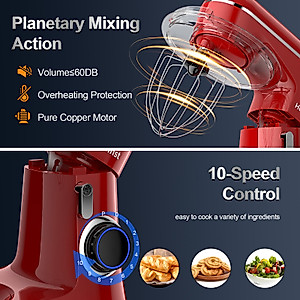 Honinst Stand Mixer, 6.5QT 10-Speed Tilt-Head Electric Stand Mixer, 3-In-1 Kitchen Mixer with Bowl, Dough Hook, Whisk and Beater, Food Mixer for Baking, Cake and Most Home Cooks, Red
