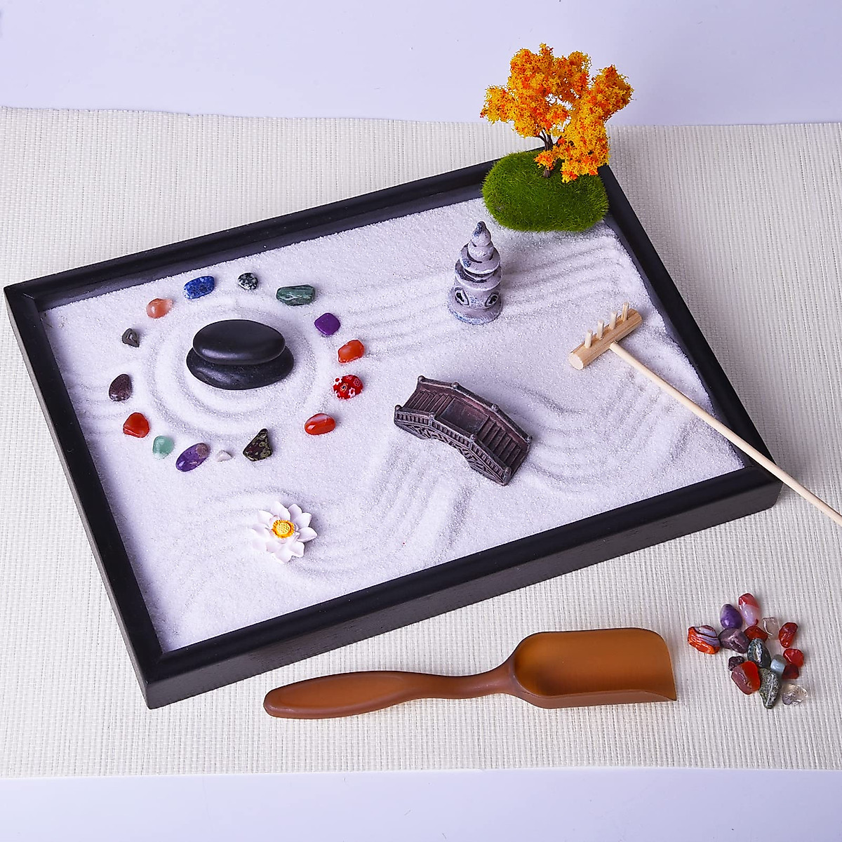 Japanese Zen Garden Kit - Mini Garden with Rock Bridge Pagoda Maple Trees Agate Stones - Meditation Gift Set for Relaxation - Home & Office Desk Decor with Rake Tools and Zen Accessories,Black