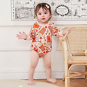 Halloween Newborn Baby Girl Outfit Pumpkin Sweatshirt Romper Long Sleeve Onesie Jumpsuit Infant Fall Winter Clothes (Milk Tea, 0-3 Months)