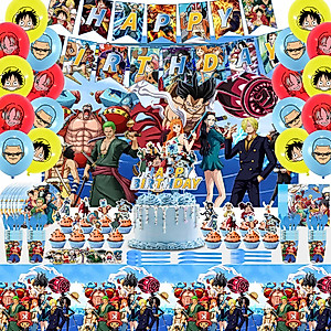 176Pcs One Piece Birthday Party Supplies, Anmie Birthday Party Decorations for 12 Guests, Include Happy Birthday Banner, Backdrop, Tableware Set, Tablecover, Cake Toppers, Balloons Set and Stickers