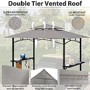 TRIPLE TREE 8 x 5 FT Grill Pergola Tent with Air Vent,Double Tiered Outdoor BBQ Gazebo with 2 Side Shelves,10 Hooks,Bottle Opener,Outdoor Barbecue Canopy for Patio,Garden,Beach,Backyard,Gray