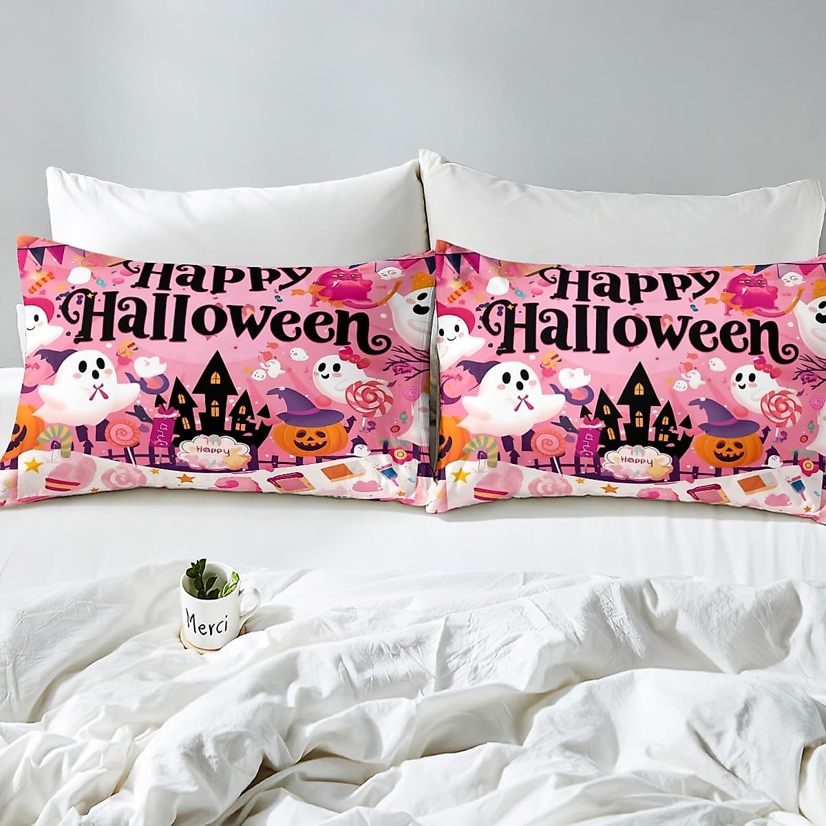 Kawaii Halloween Ghost Duvet Cover Set Full Size,Pink Lovely Cute Ghost Pumpkin Comforter Cover with 2 Pillowcases,Cartoon Dessert Style Happy Holiday Breathable Quilt Cover Set(Not Comforter)