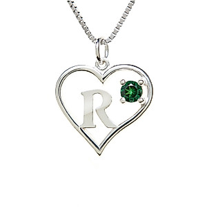 Arbach’s Icy Jewelry - Sterling Silver Box Chain Personalized Birthstone Pendant Statement Necklace - Heart & Letter (R)