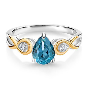 Gem Stone King 925 Silver and 10K Yellow Gold Pear Shape London Blue Topaz and White Lab Grown Diamond Engagement Ring For Women (1.47 Cttw, Gemstone Birthstone, Available In Size 5, 6, 7, 8, 9)