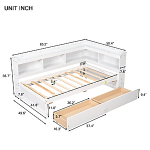 Twin Size Daybed Captain Bed Wooden Day Bed with 2 Drawers and L-Shaped Bookcases, Twin Bed Frame for Kids, Boys, Girls & Teens, No Box Spring Needed, White