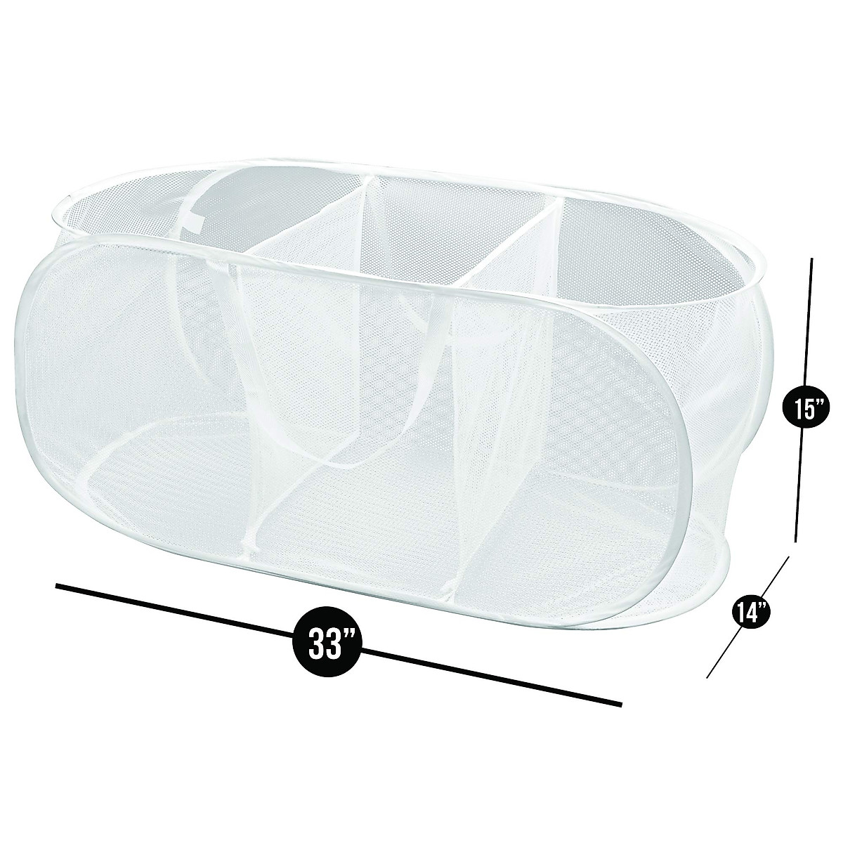 Smart Design Deluxe Mesh Pop Up 3 Compartment Laundry Sorter Hamper Basket - VentilAir Fabric Collapsible Design - for Clothes & Laundry - Home Organization (Holds 6 Loads) (33 x 15 Inch) [White]