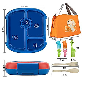 Kekimatata Bento Box, Kids Lunch Box, Leak-Proof, 4 Compartment, BPA-Free, Dishwasher Safe, Ideal Portion Sizes for Ages 4 to 7, Animal Fruit Fork & Wheat Straw Fork Spoon With Bag (Blue)