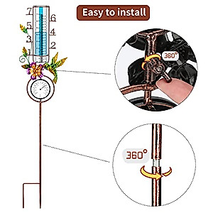 SYSUVANA Rain Gauge Outdoor with Outdoor Thermometer for Garden, Easy to Read Metal Stake with 7 Inch Replacement Glass Tube, Sunflower Hummingbird Décor for Yard Garden Patio Lawn