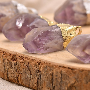 Natural Healing Crystal Purple Amethyst Rough Stone Pendant Necklace, White Gold Tone