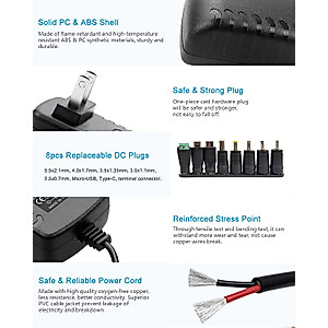 MTYTOT 9V 2000mA 18W Power Supply Adapter 100-240V AC to DC 9Volt 2A Transformers Switching Power Supply with 8Tips 5.5x2.5mm 4.0x1.7mm 3.5x1.35mm 3.0x1.1mm 2.5x0.7mm Micro-USB Type-C