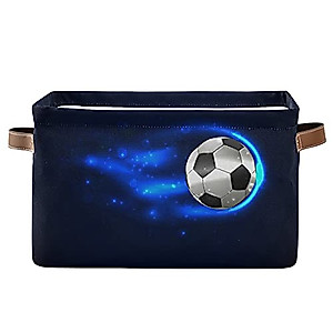 AUUXVA Sport Soccer Ball Storage Bins Basket, Football Theme Collapsible Storage Cube Rectangle Storage Box with Handles for Shelf Closet Nursery Bedroom Home Office 1 Pack