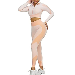 JOYMODE Women's Workout Sets 2 Piece Seamless Textured High Waist Legging Crop Top Gym, 2 Piece-pink, Medium