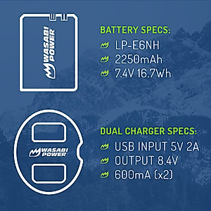 Wasabi Power LP-E6NH Battery (2-Pack) & Dual USB Charger for Canon EOS 5D Mark II/III/IV, 5DS, 5DS R, 6D, 6D Mark II, 7D, 7D Mark II, 70D, 80D, 90D, R, R5, R5C, R6, R7, Ra, XC10, XC15, BMPCC 4K and 6K