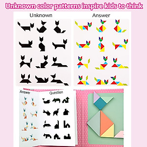 XIZIGOIT Wooden Magnetic Tangram Toys Kids Jigsaw Puzzles Creative Travel Toy Gifts for Girls Boys 3 4 5 6 7 8 9 10 Years Old Toddler Children 96 Patterns Portable Book Design(Pink)