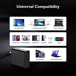 Huntkey 100W USB C Charger 3-Port GaN PD Fast Power Adapter USB C Wall Charger Block for MacBook Pro/Air, Dell XPS, iPad, iPhone 14/14 Pro /13/13 Pro, Galaxy S22/S21, Pixel and More(2Pack Cable)