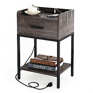 Fixwal Night Stand with Charging Station, Bed Side Table with Storage Drawer, End Table with USB-Ports and Outlets, Rustic Grey