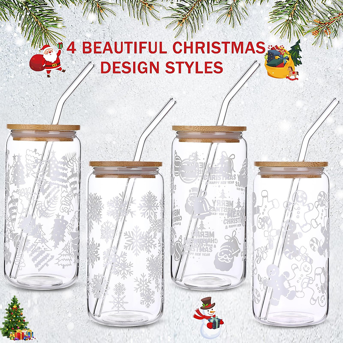 Mkhaslri 4Pcs Christmas Glass Cups with Lids and Straws,16oz Iced Coffee Cups with Lids Christmas Beer Drinking Glasses,Clear Cups Xmas Coffee Bar Accessories Gifts Home Decorations