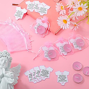 50 Sets Pink Baby Shower Favors Tea Light Candles for Guests Cute Decorations with Pink Cards and Organza Bags for Girls Friend Baby Shower Gender Reveal Party Favors (Pink), Unscented