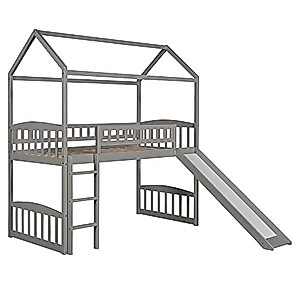MOEO Twin Size House Loft Bed with Convertible Slide, Wood Bedroom Bedframe for Kids, Bedroom, Home, No Box Spring Need, Grey