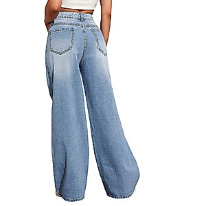 SweatyRocks Women's Casual Loose Ripped Denim Pants Distressed Wide Leg Jeans Light Blue L