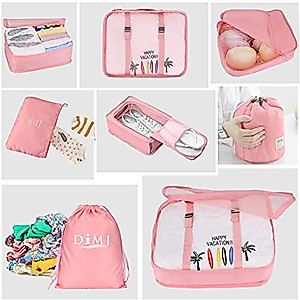 DIMJ Packing Cubes for Travel, 8Pcs Travel Cubes Set Pink Foldable Suitcase Organizer Lightweight Luggage Storage Bag