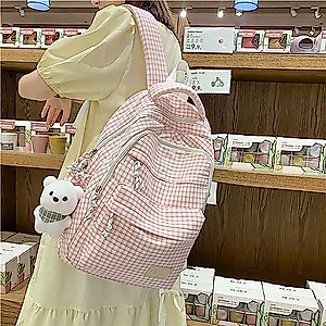 Qyrno Plaid Backpack Kawaii Backpack with Cute Accessories Cute Backpack Aesthetic Backpack DIY Backpack (1-Pink)