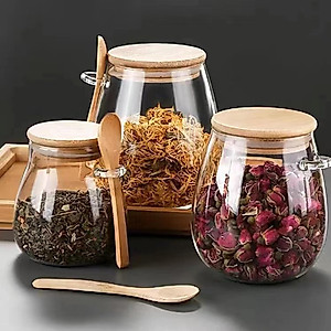 DNIENKGE Airtight glass jar storage container with bamboo lid Set of 2, wide mouth, leak-proof, With a spoon, can be used for coffee beans, tea leaves, grains, dried fruits, etc (Small)